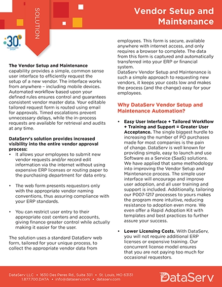 Solution Sheet: Vendor Setup and Maintenance | DataServ